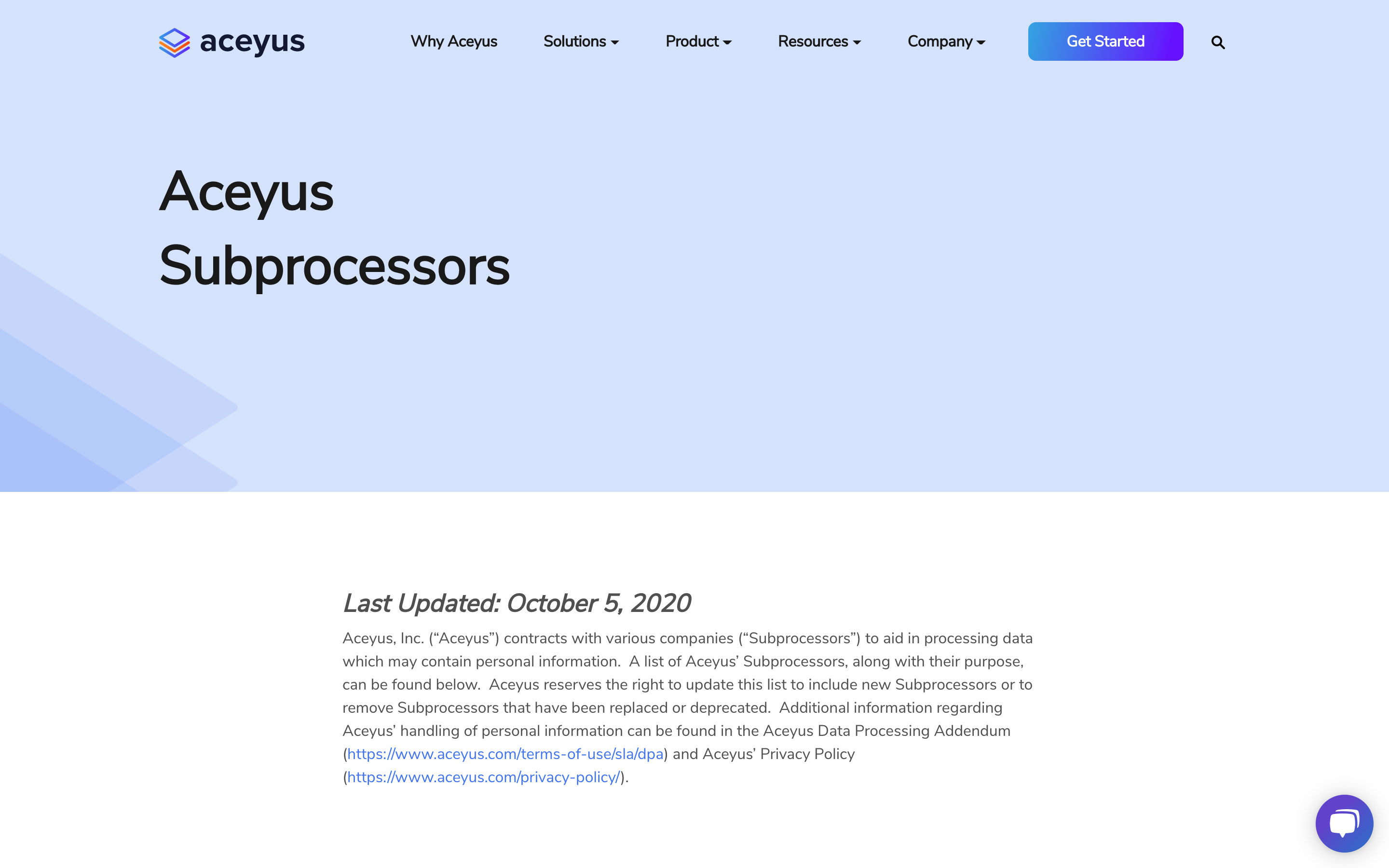 Aceyus Subprocessors | Terms of Service | Aceyus